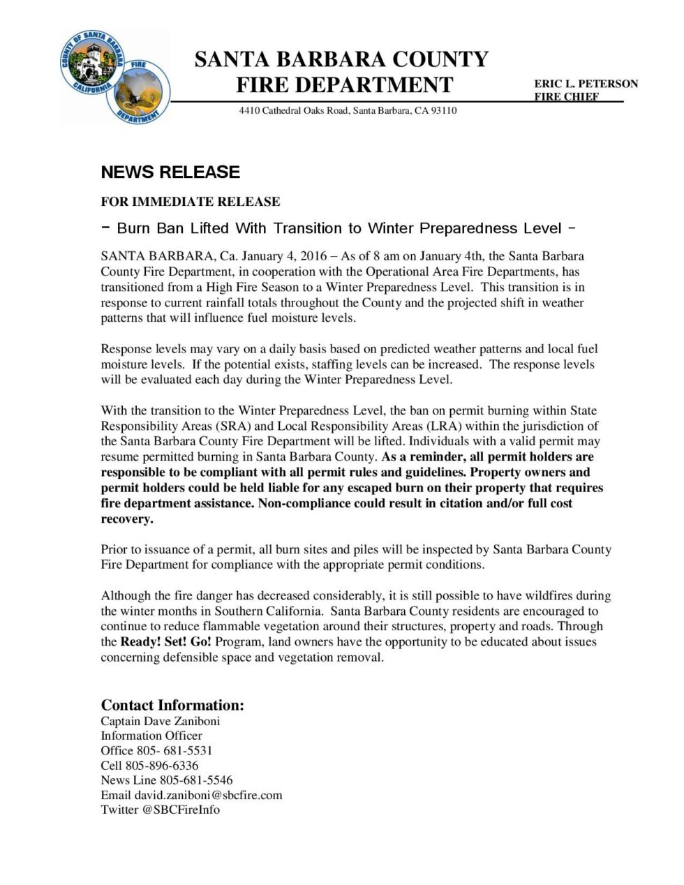 Burn Ban Lifted With Transition to Winter Preparedness Level - Santa ...